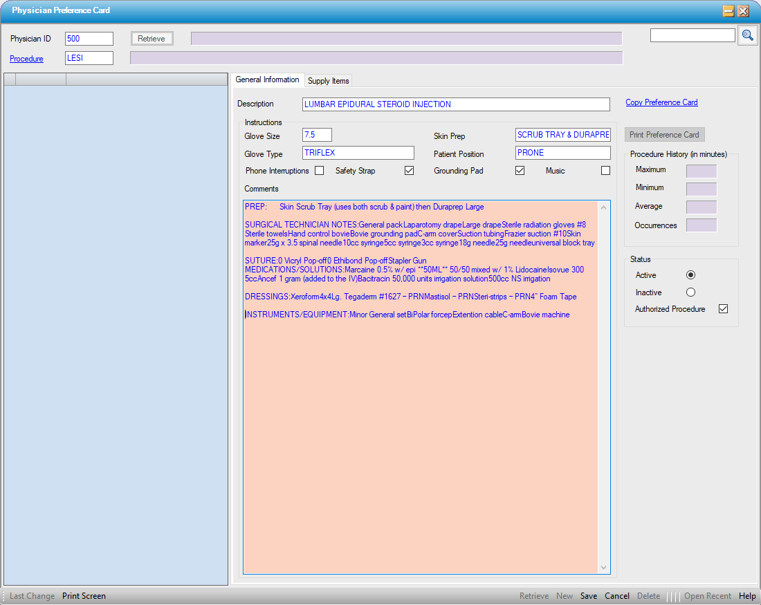Physician Preference Card